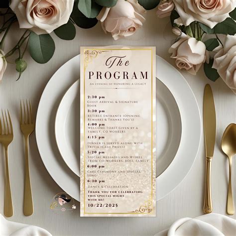 White Gold Menu And Program Template With Photo Retirement Party Menu