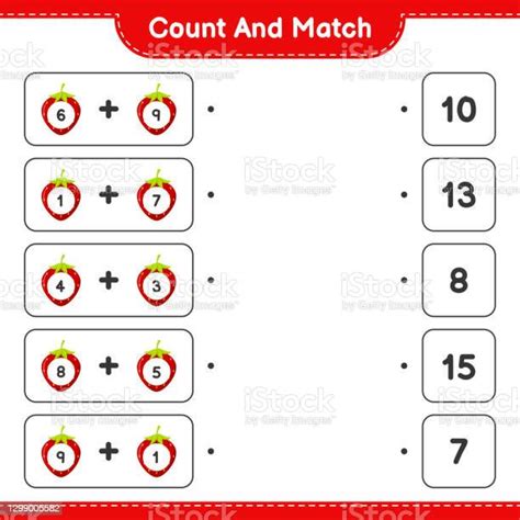 계산 및 일치 딸기의 수를 계산하고 오른쪽 숫자와 일치합니다 교육 어린이 게임 인쇄 워크 시트 벡터 일러스트레이션 0명에 대한 스톡 벡터 아트 및 기타 이미지 Istock