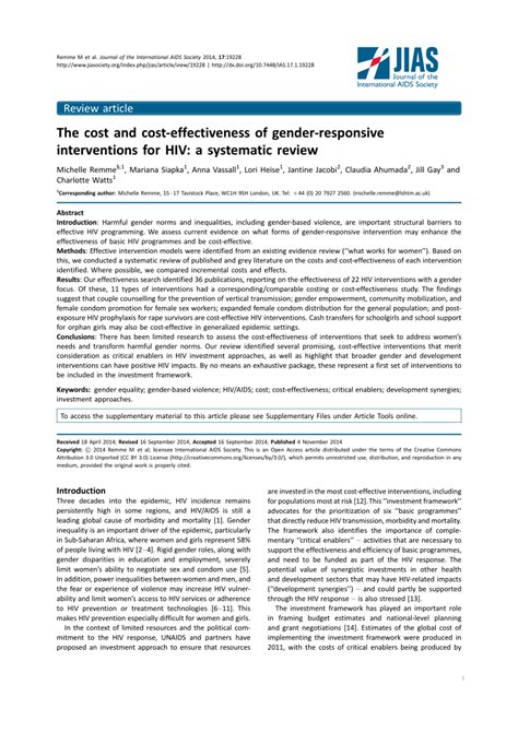 Pdf The Cost And Cost Effectiveness Of Gender Responsive Interventions For Hiv A Systematic