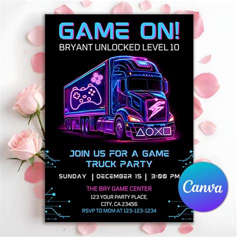 Video Game Truck Birthday Party Invitation Editable Game Truck Party