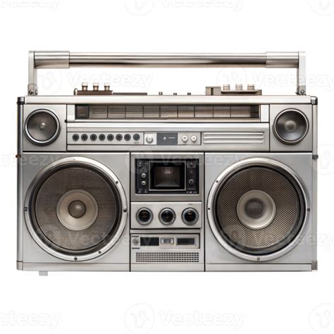 Silver 1980s Boombox Displaying Dual Speakers A Cassette Player And Various Control Buttons On