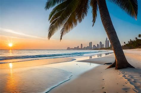 Premium Photo A Beach With A Palm Tree And A City In The Background