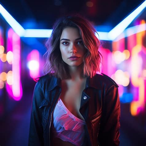 Premium Photo Portrait Of A Pretty Young Woman In Neon Lights With Dark