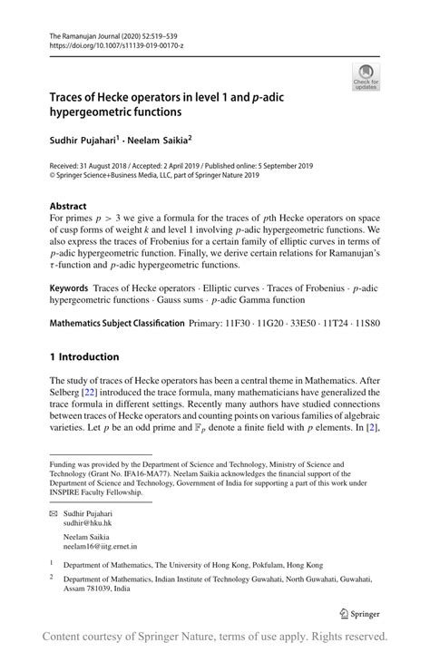 Traces Of Hecke Operators In Level 1 And P Adic Hypergeometric