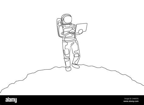 Single Continuous Line Drawing Of Astronaut Standing In Moon Surface While Typing Using Laptop
