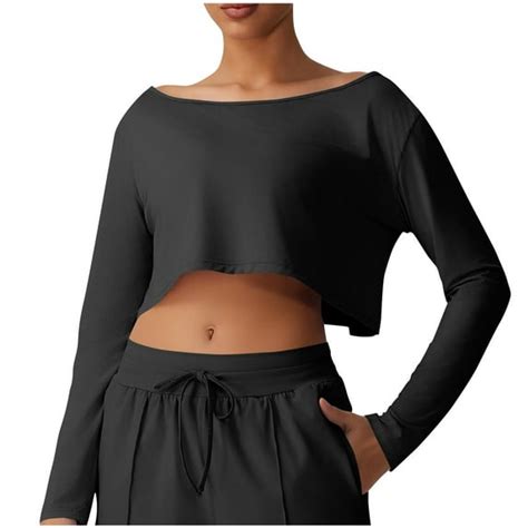 Cfhntfmh Womens Off Shoulder Long Sleeve T Shirt Crew Neck Loose Crop