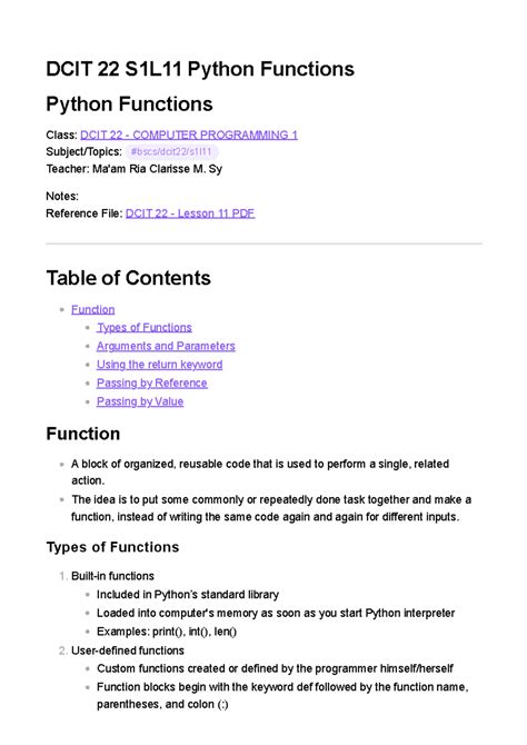 Dcit 22 S1l11 Comprehensive Guide To Python Functions Studocu