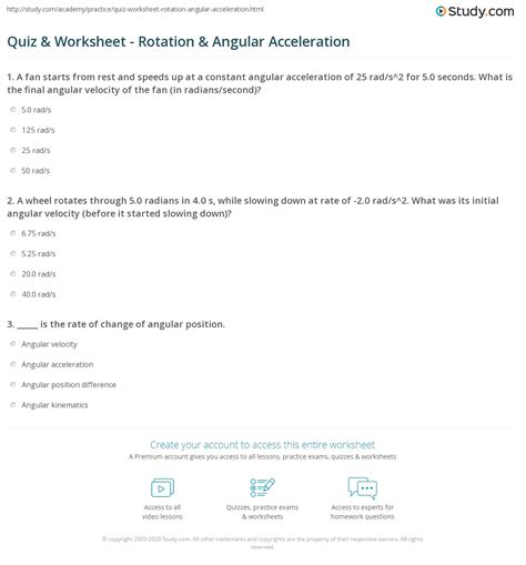 Quiz And Worksheet Rotation And Angular Acceleration