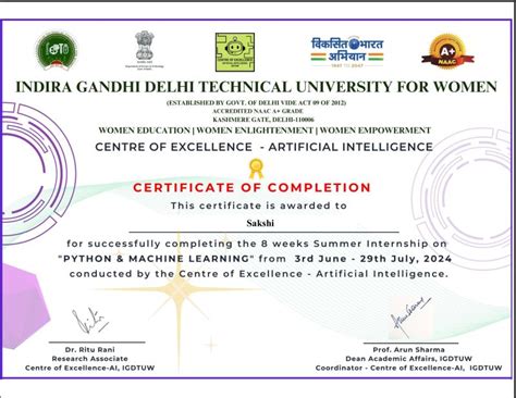 Completed 8 Week Python Machine Learning Internship At Igdtuw Sakshi