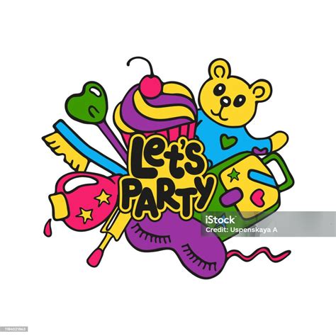 손으로 그린 글자 하자 파티 흰색 배경에 고립 잠옷 잠자는 또는 파자마 파티에 대한 밝은 색상의 개념 카드 스티커 포스터 배너 디자인 요소 벡터 일러스트레이션 롤리팝에 대한