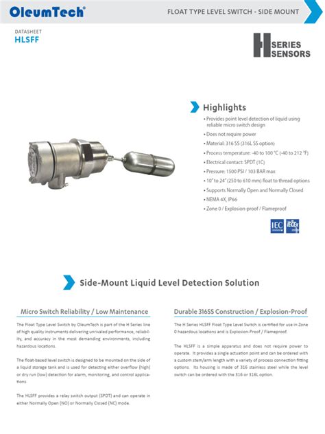Hlsff Float Type Level Switch Side Mount Oleumtech 67 4135 001 Pdf