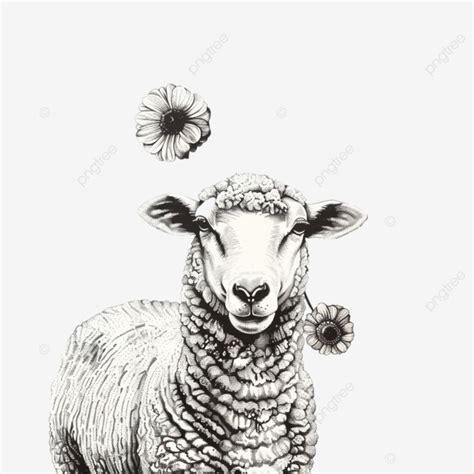 Sheep And Flowers Black And White Sheep Animals White Png