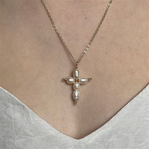 Pearl Cross Necklace Etsy