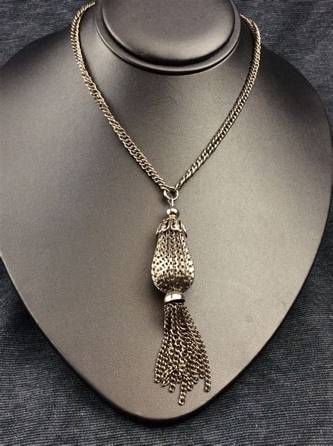 1970s Silver Tone Chain Necklace With Chunky Tassel Pendant 26 Long