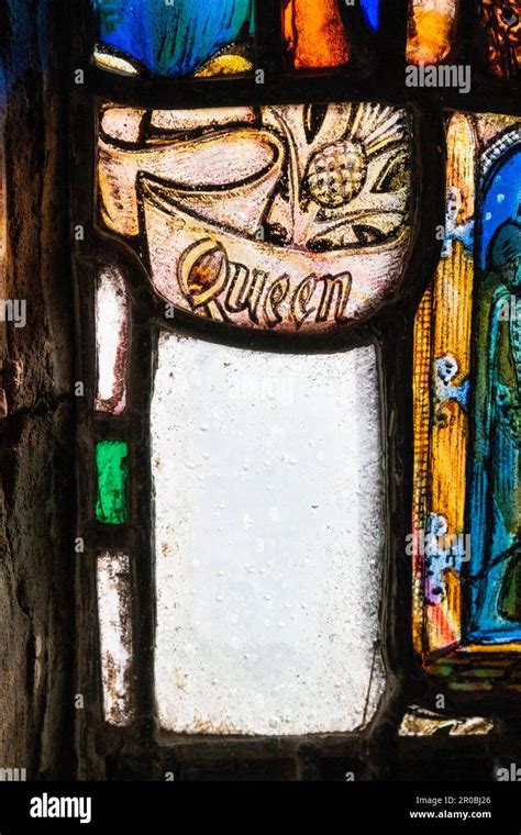 Details Of Stained Glass Window Panes In Edinburgh Scotland Stock