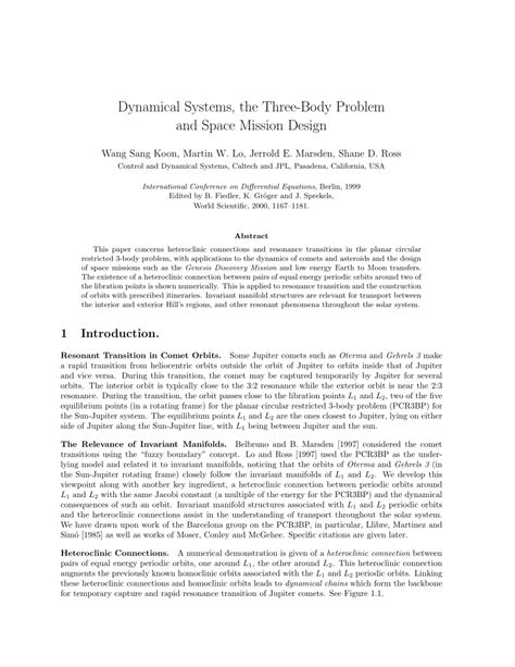 Pdf Dynamical Systems The Three Body Problem And Space Mission