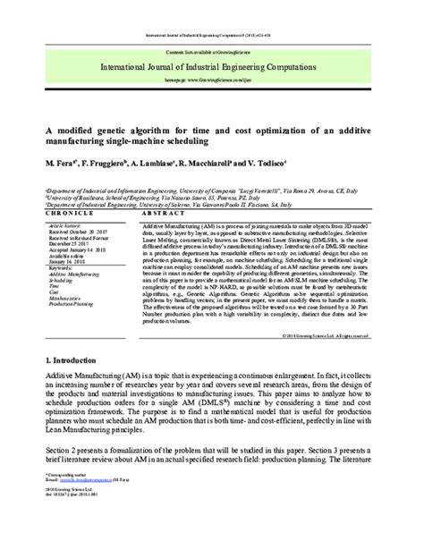 Pdf A Modified Genetic Algorithm For Time And Cost Optimization Of An Additive Manufacturing