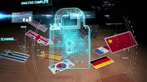 Digital Lock Animation Over Various International Flags And Data