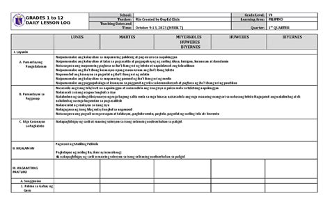 Dll Filipino 6 Q1 W7 Sample Grades 1 To 12 Daily Lesson Log School