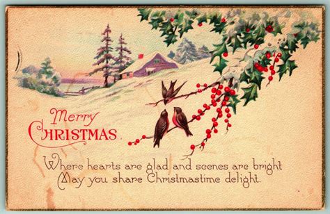 Merry Christmas Cabin Scene Holly Sparrows Poem 1925 Db Postcard I7