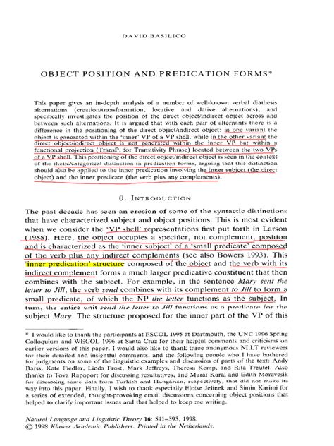 Basilico D Object Position And Predication Forms Natural Language Basilico D Object Position And Predication Forms Natural Language