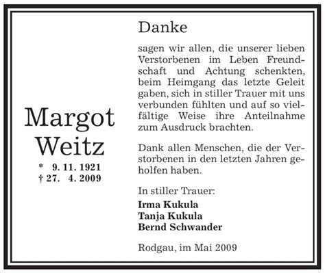 Traueranzeigen Von Margot Weitz Trauerop Onlinede
