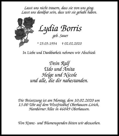 Traueranzeigen Von Lydia Borris Trauer In Nrwde