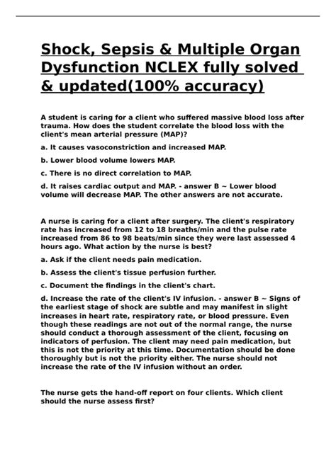 Shock Sepsis And Multiple Organ Dysfunction Nclex Fully Solved And Updated