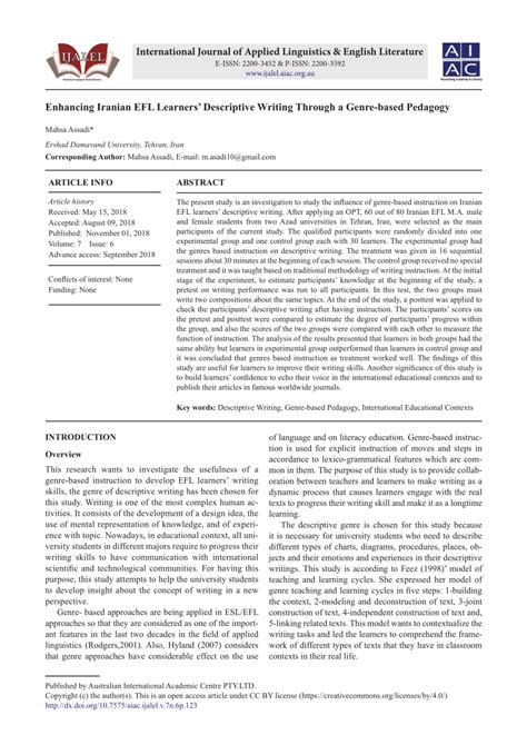 Pdf Enhancing Iranian Efl Learners Descriptive Writing Through A Genre Based Pedagogy