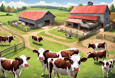 Premium Photo A Cartoon Drawing Of Cows In A Farm With A Barn In The