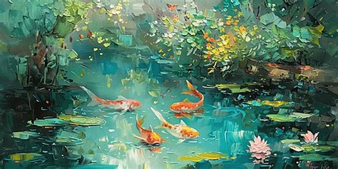 Vibrant Fish Swimming In A Peaceful Pond Artwork With Koi And Water