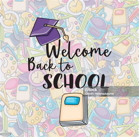 학교 낙서 클립 아트 인사말 카드 환영 합니다 다시 배너 전단지 만화 벡터 일러스트입니다 타이 포 그래피 스크립트 텍스트입니다 3차원 형태에 대한 스톡 벡터 아트 및 기타