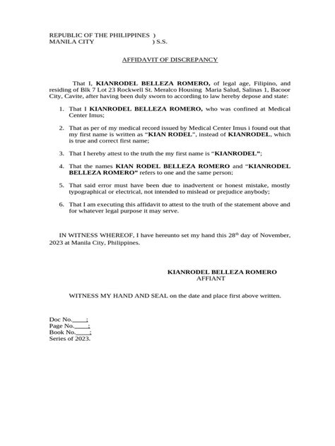 Affidavit Of Discrepancy Medical Record First Name Romero Pdf