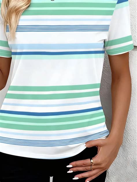 Women Striped Short Sleeve Tee T Shirt Crew Neck Printing Casual