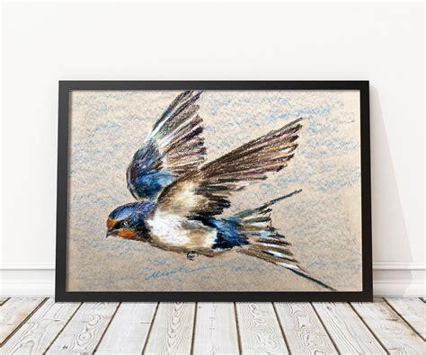 Swallow Painting Bird Original Art Pastel Draiwing By Muura