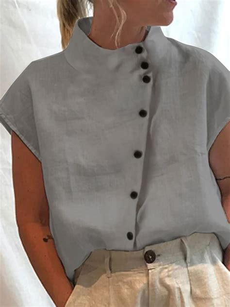 Womens Cotton Linen Stand Collar Casual Shirt Noracora