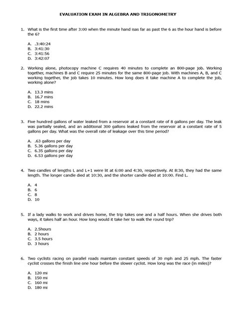 Evaluation Exam In Algebra And Trigonometry Pdf Triangle