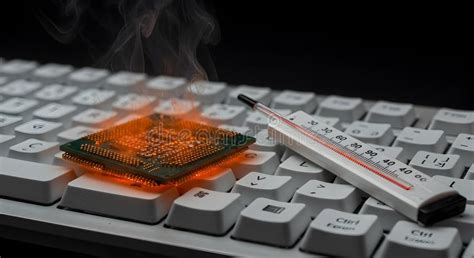 Overheating Cpu On Keyboard With Thermometer Showing High Temperature And Smoke Coming Out Of