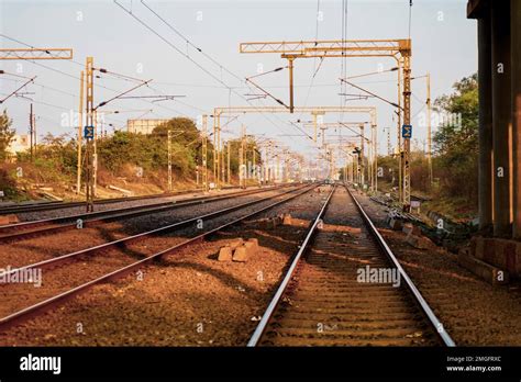 Railway Track Cable Line Goes Above The Rail Line To Pass Electricity