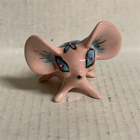 Big Ear Mouse Figurine Pink Movable Head Porcelain Blue Flower