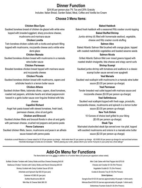 Dinner Function Menu Restaurant 45