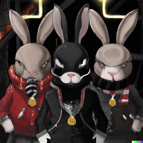Four Bunnies With Guns Wearing Leather Sweatshirts And Black Scarfs In