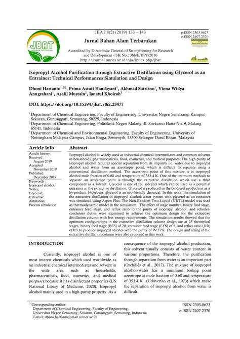 Pdf Isopropyl Alcohol Purification Through Extractive Distillation