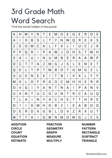 3rd Grade Math Word Search Free Printable Pdf File