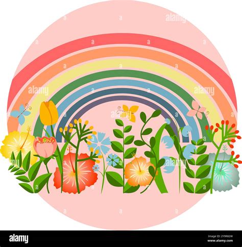 Floral Composition With Blooming Summer Plants And Rainbow Drawing In