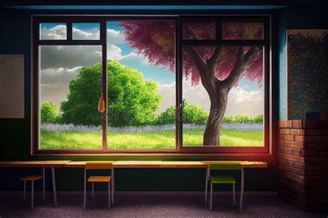 Empty School Classroom With View Of Colorful And Vibrant Garden Outside The Window Stock