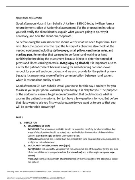 Abdominalassessmentdocx Pdf Abdomen Medical Specialties