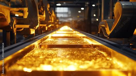 High Tech Gold Production Line In A Panoramic Factory Setting Molten