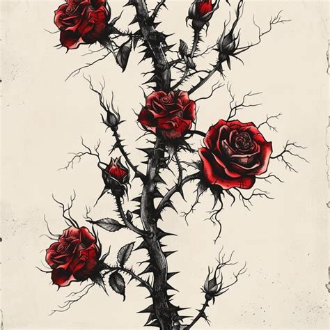 Illustration Of Roses And Thorns Made With Ink Black And Red Details