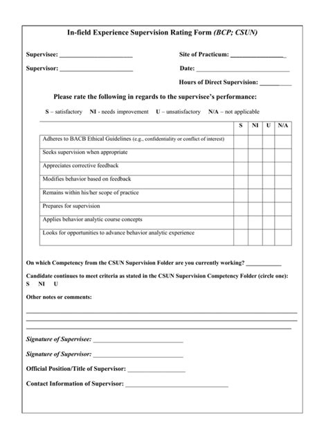 Bcba Supervision Rating Form Csun